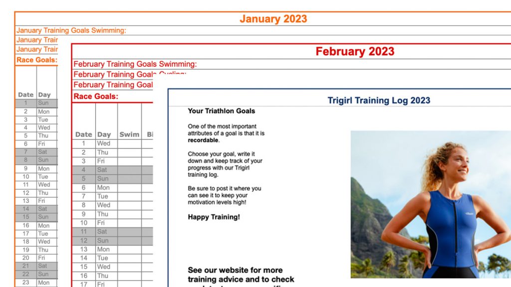 Easy triathlon training log, one page per month. Free download.