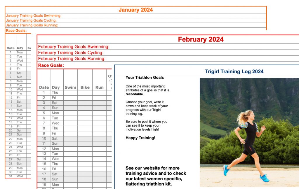 Easy triathlon training log, one page per month. Free download.