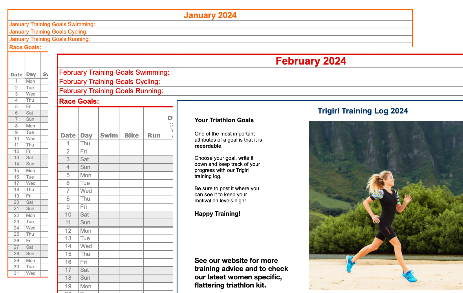 Easy triathlon training log, one page per month. Free download.